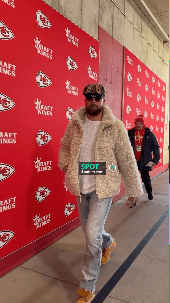Marni Light Beige Shaggy Faux Fur Jacket worn by Travis Kelce on the Instagram account @chiefs ...