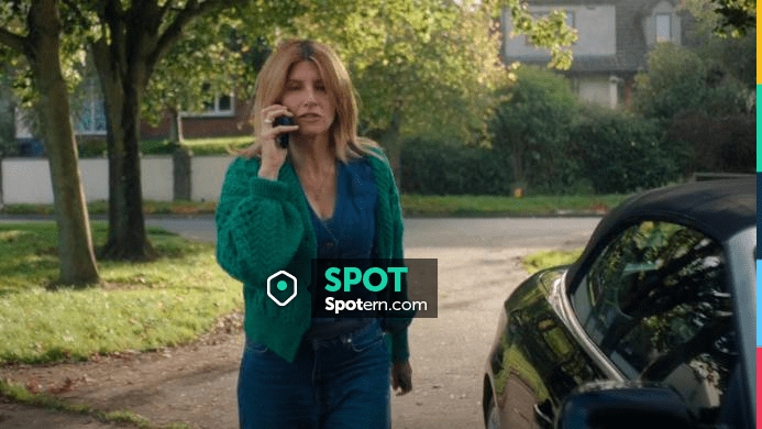 Irelands Eye Clover Cropped Aran Cardigan Green Marl worn by Eva Garvey ...