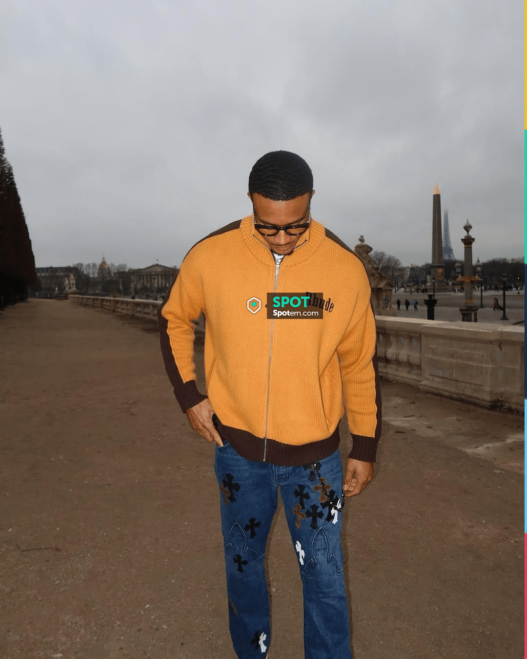 Rhude Golden Yellow & Brown-Stripe Knit Track Jacket worn by Patrick ...