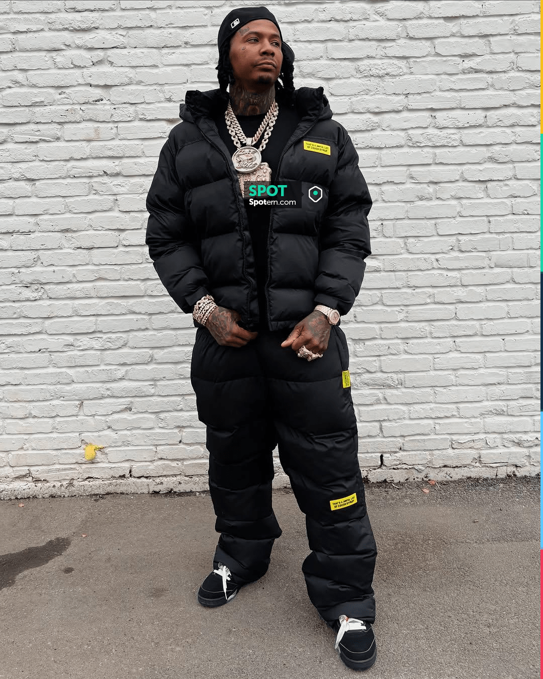 Thats A Awful Lot Of Cough Syrup Black Back-Logo Puffer Jacket worn by ...