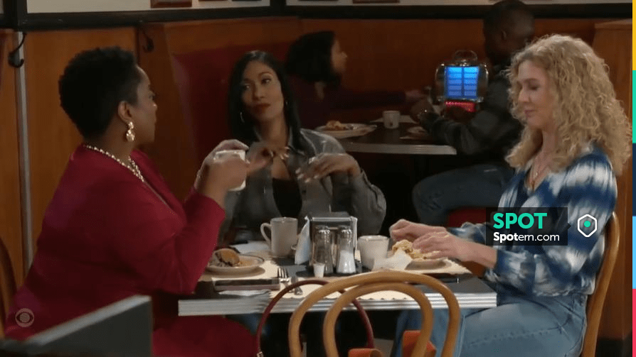 Karen Kane Tie Dye Drape Front Satin Top worn by Jan Morgan(Jerri Tubbs ...