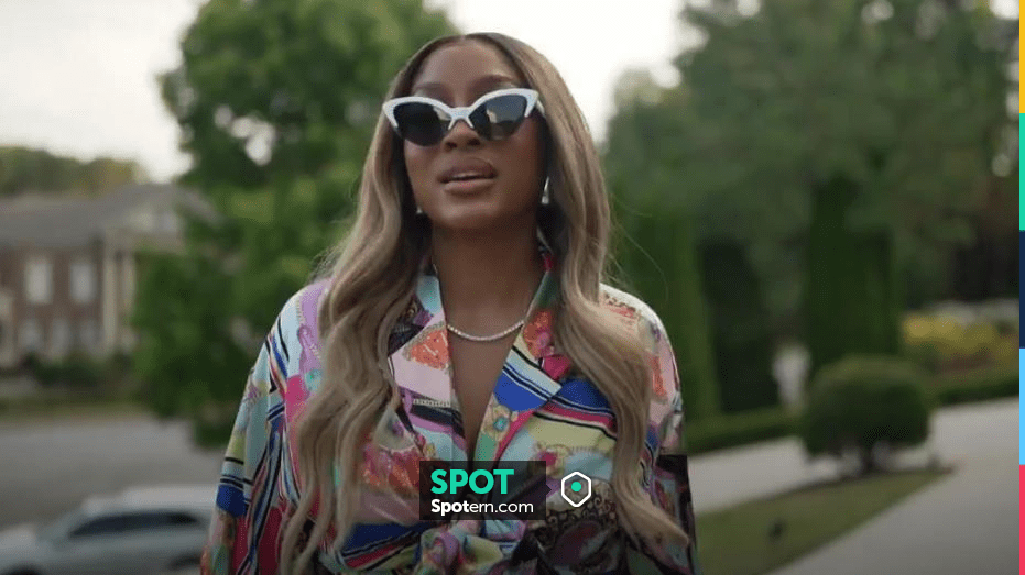 Akira Kenna Scarf Print Satin Button Down Blouse worn by Drew Sidora as ...