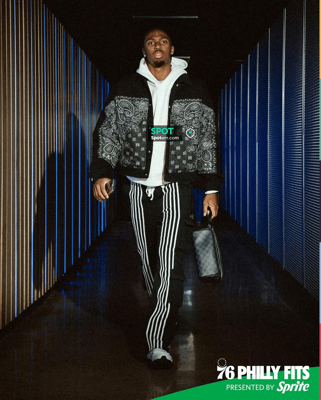 Amiri Black MA Paisley Padded Denim Jacket worn by Tyrese Maxey on the Instagram account @sixers ...