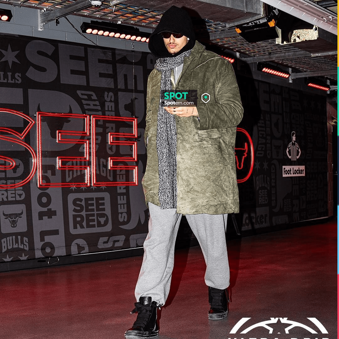Rick Owens Sage Green Moleskin Jumbo Mac Coat worn by Kyle Kuzma on the ...