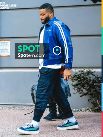 Greg Lauren Royal Blue Patchwork Bomber Jacket worn by Aaron Donald on ...
