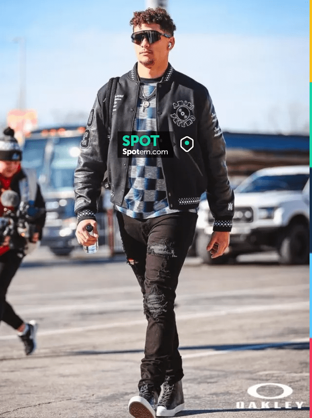 Amiri Black Preemo Records Varsity Jacket worn by Patrick Mahomes II on the Instagram account ...