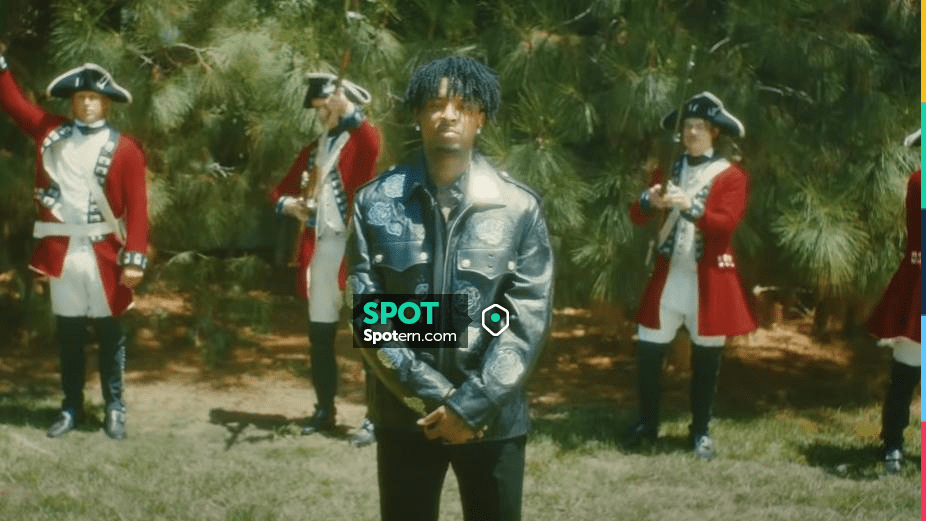 Calvin Klein Black Metallic Rose Patch Leather Jacket worn by 21 Savage ...