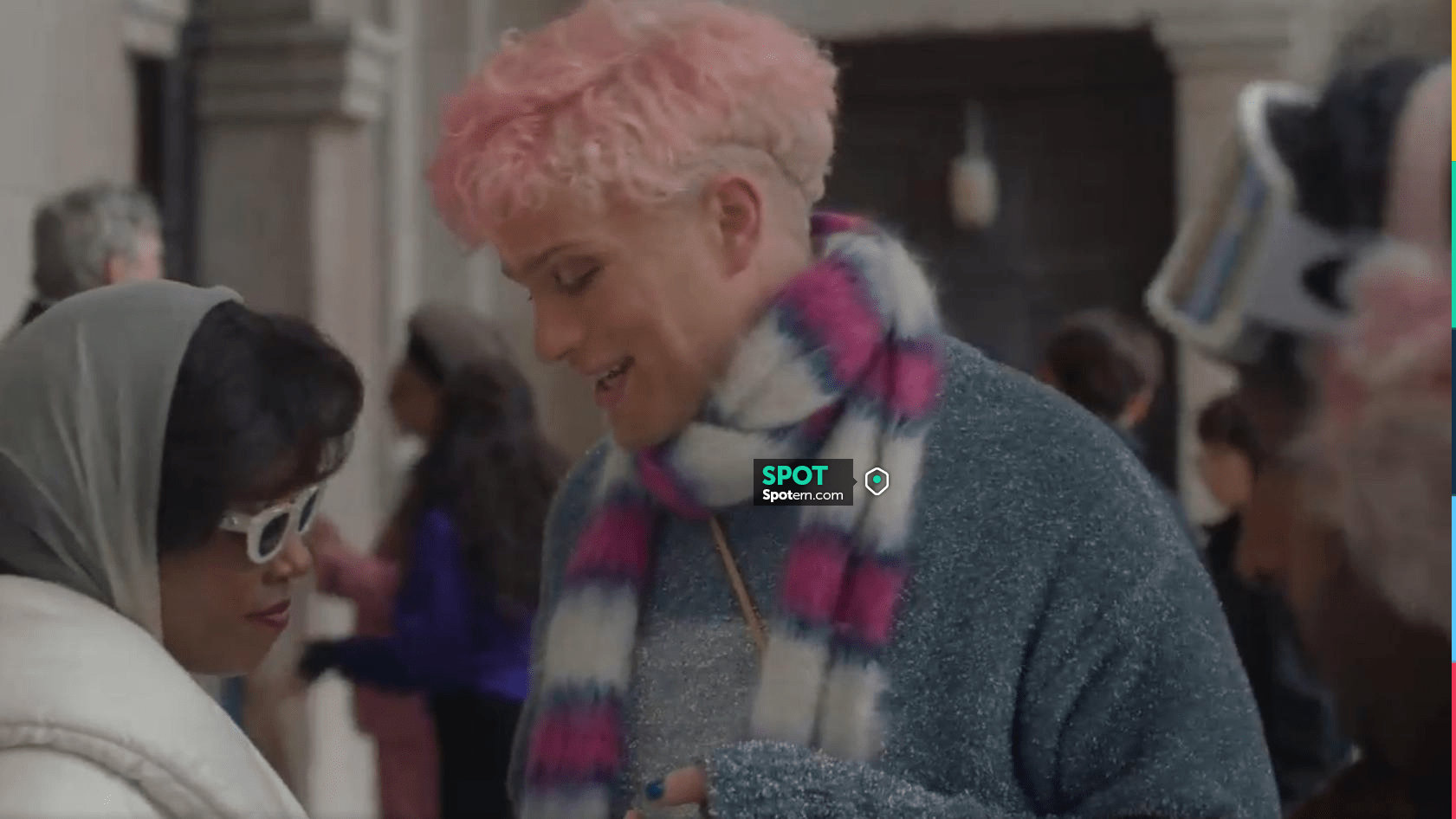 Marni White/Blue/Pink Striped Mohair Scarf worn by Boss Gibbons (Leo ...