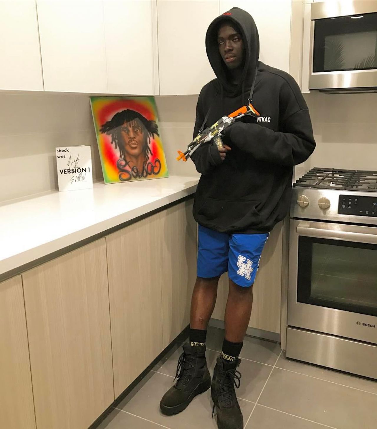 The short UK blue and white worn by Sheck Wes on the account Instagram ...
