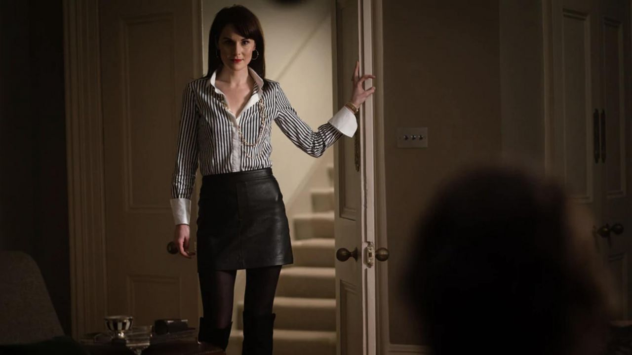 Black leather skirt worn by Rosalind Pearson (Michelle Dockery) as seen ...