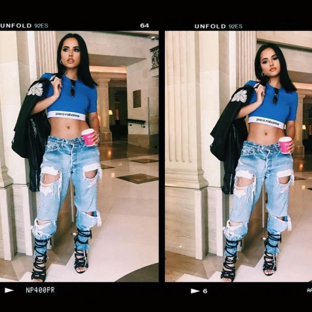 Reb­beca Ma­rie Go­mez aka Becky G blue Paco Rabanne crop top on her ...