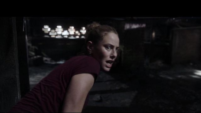 Burgundy v neck t shirt worn by Haley Keller (Kaya Scodelario) as seen ...