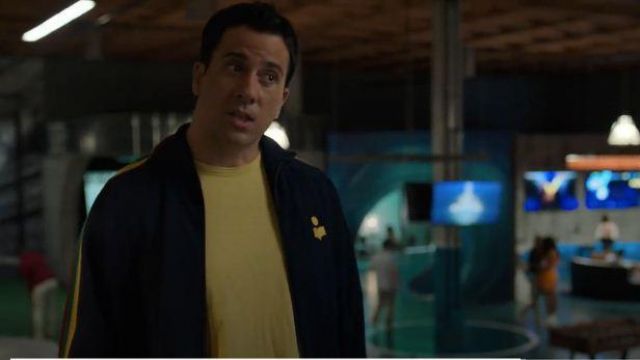 Isabel Marant navy and yellow striped athletic jacket worn by Jason ...