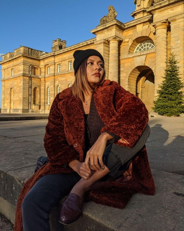 Teddy coat in rust worn by a model on the account Instagram of @asos ...