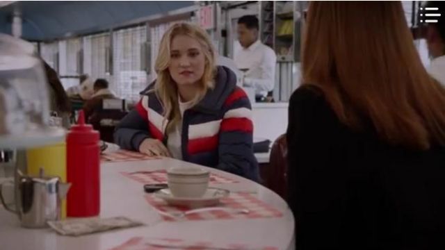 Striped Puffer Jack­et worn by Roxy Doyle (Emily Osment) in Almost ...