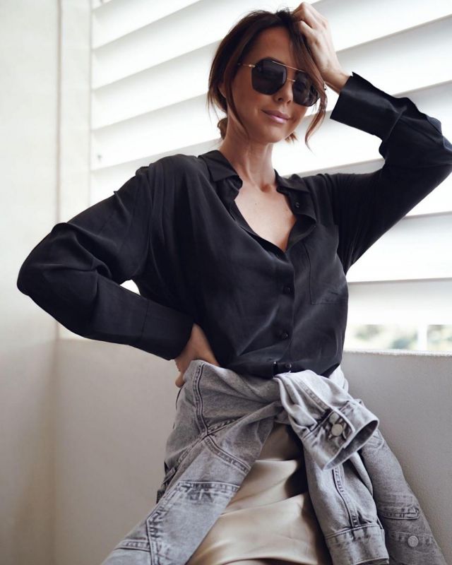 Black shirt silk worn by Emily on the account Instagram of ...