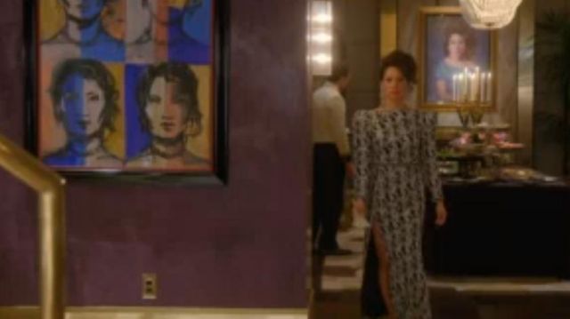 Gray and black printed long dress worn by Simone Grove (Lucy Liu) in ...