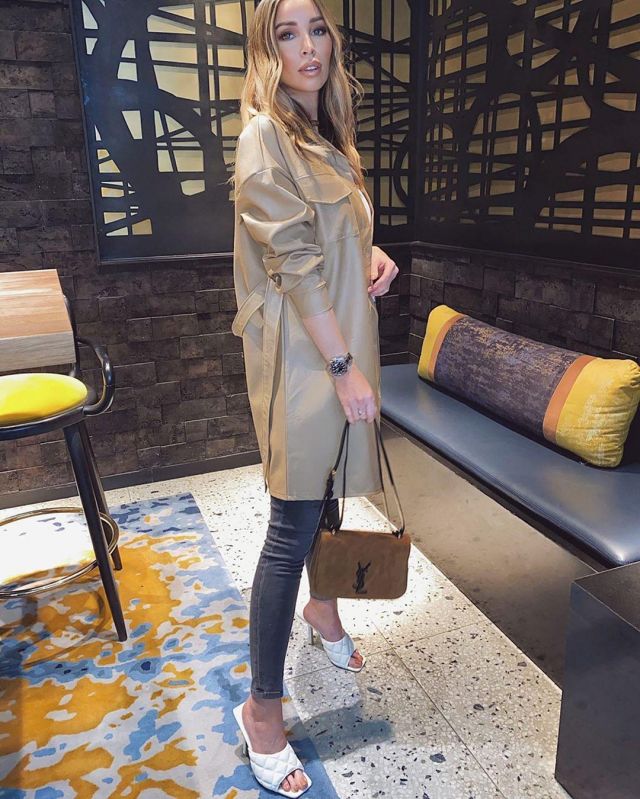 Missy Empire Livia Camel Faux Leather Belted coat worn by Lauren Pope ...