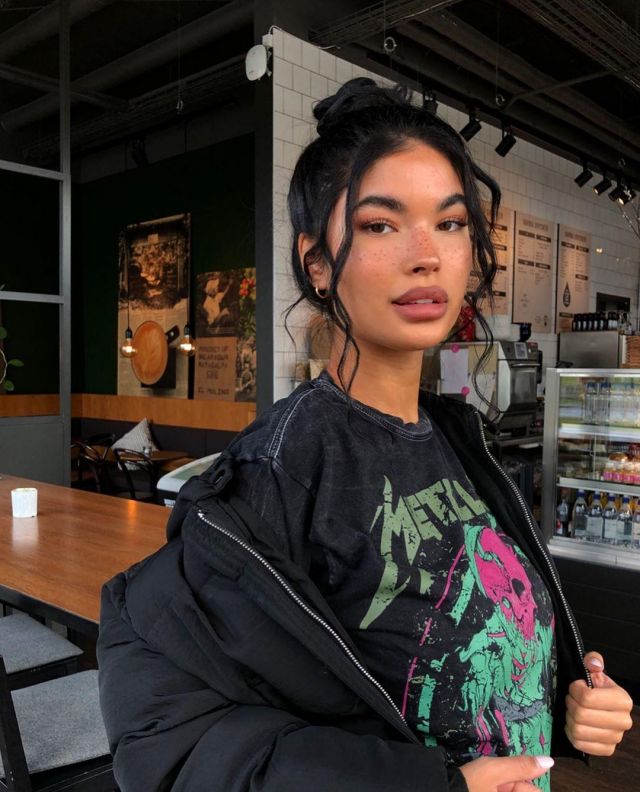 Fashion Nova Metal­li­ca Min­er­al Wash Top of Aisha Potter on her ...