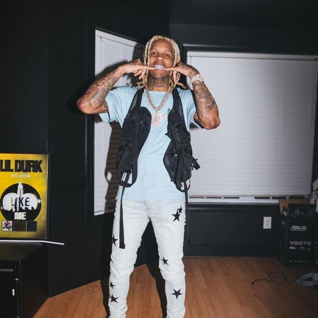 Amiri Blue Leather Stars Stack Jeans worn by Lil Durk on his Instagram ...