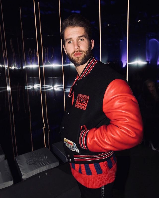 Versace Patch Em­bell­ished Bomber Jack­et worn by Andre Hamann on his ...