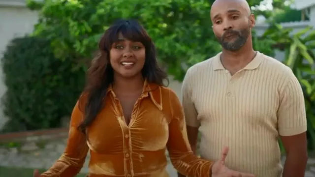 Urban Outfitters Nellie Ruched Velvet Shirt Dress In Orange worn by ...