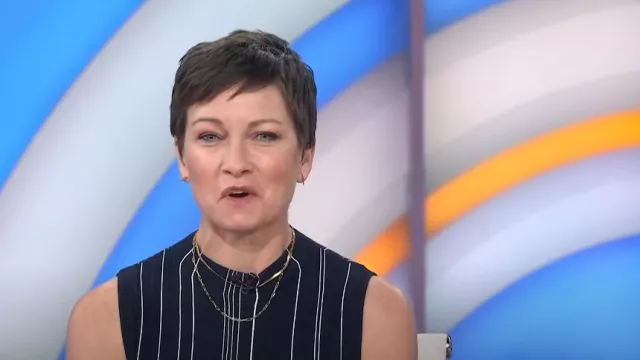 Theory Hankson Striped Shell Tank Top worn by Stephanie Gosk as seen in ...