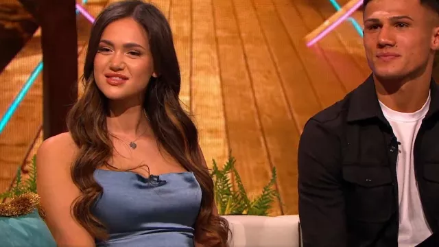 Club L London Risk It AllBlue Cami Cowl Neck Asymmetric Hem Dress worn by Anna-May Robey as seen ...