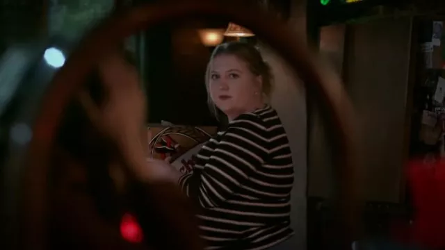 Veronica Beard Shailee Stripe Rib-Knit Henley Top worn by Taryn Helm ...