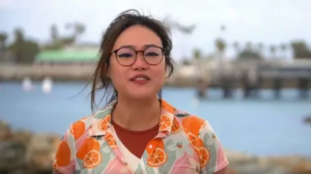 Hazel moon Or­ange Slice Fruit Flo­ral Mesh But­ton Up Shirt worn by ...