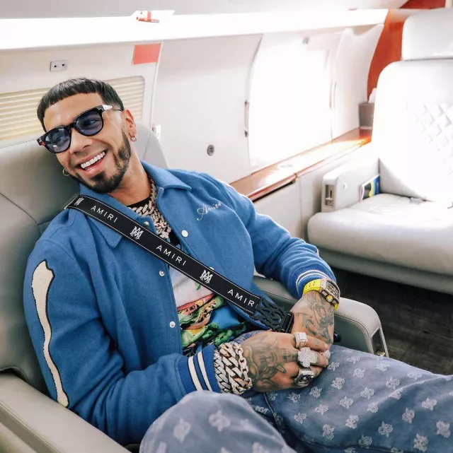 Amiri Bright Blue Varsity Bones Jacket worn by Anuel AA on his ...