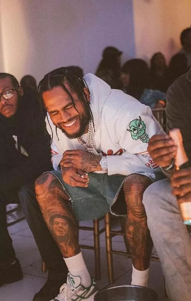 Denim Tears Light Blue Cotton Wreath Denim Shorts worn by Dave East on ...