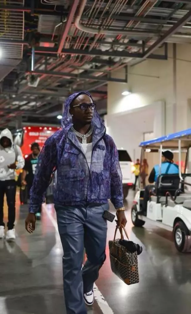 South2 West8 Pur­ple & Blue Camo Car­go Jack­et worn by Deebo Samuel on ...