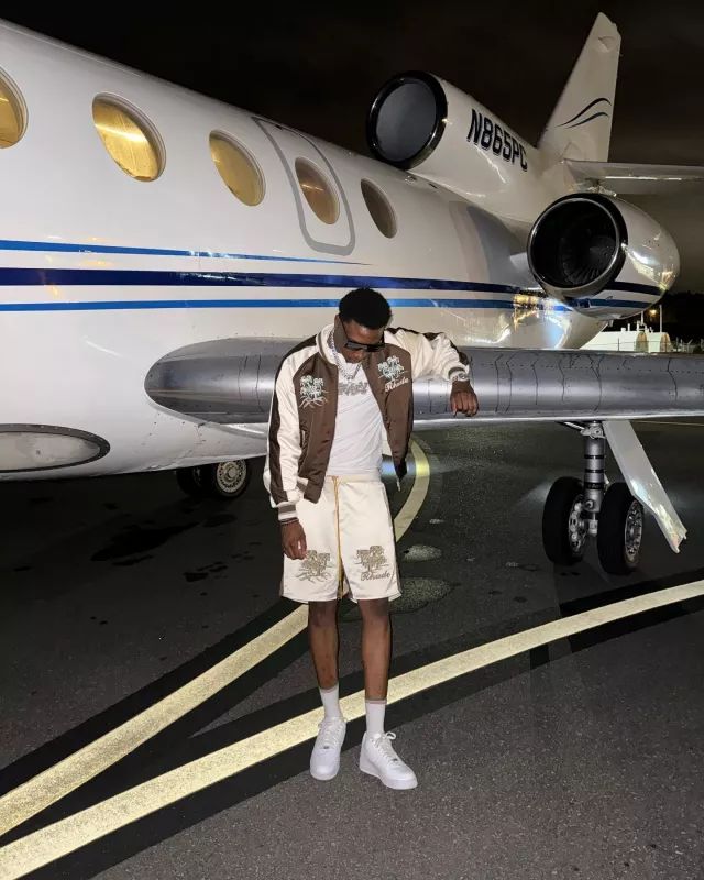 Rhude White & Brown Satin Palm Shorts worn by Rob49 on the Instagram ...