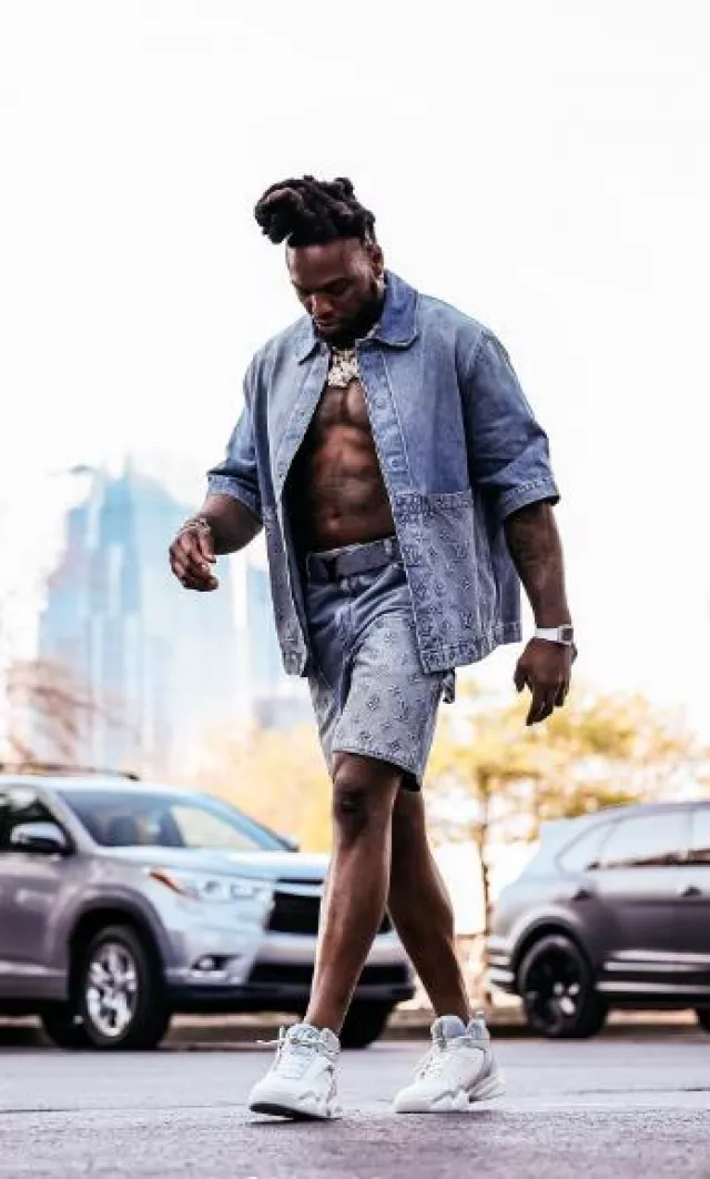 Louis Vuitton Blue Monogram Carpenter Denim Shorts worn by Derrick ...