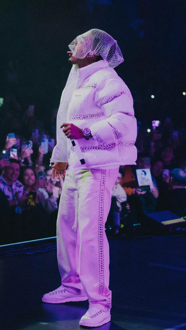 Supreme BB Simon White Studded Puffer Jacket worn by Myke Towers on his Instagram account ...