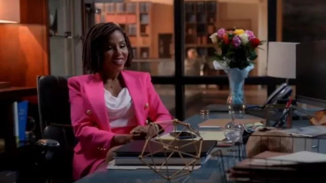 Balmain Em­bossed-But­ton Dou­ble-Breast­ed Blazer worn by Andrea 'Andi ...