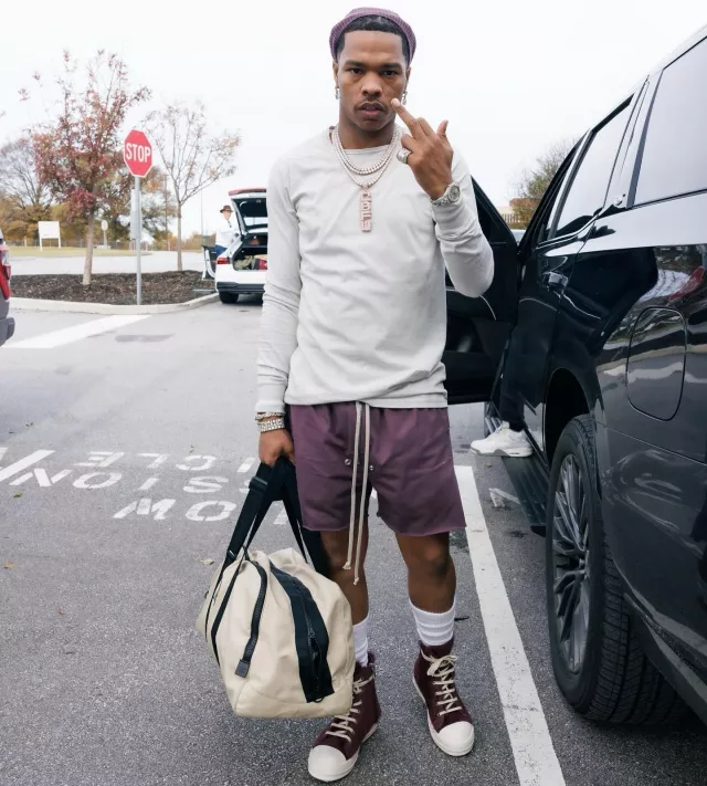 Rick Owens Purple Pony Hair High-Top Sneakers worn by Lil Baby on the ...