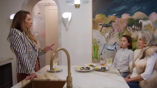 Balmain Striped Six-But­ton Cot­ton Blaz­er worn by Victoria Rees as ...