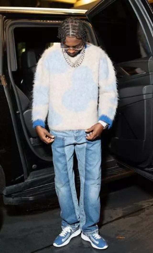 Balmain Light Wash Contrast Carpenter Jeans worn by Lil Tjay on the ...