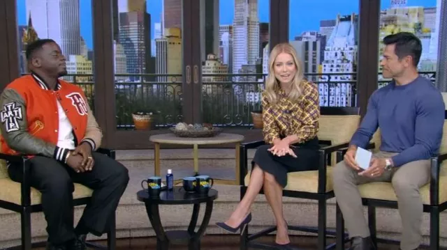 Saint Laurent Retro Diamond-Printed Silk Blouse worn by Kelly Ripa as ...