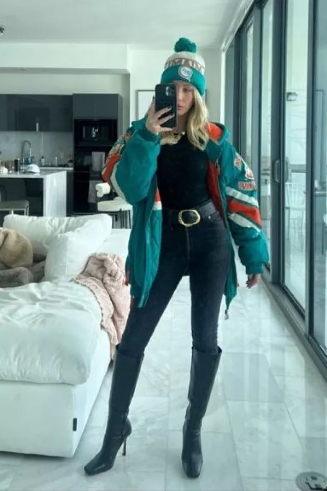 Starter Miami Dolphins Jacket worn by Alix Earle at Kansas City Chiefs ...