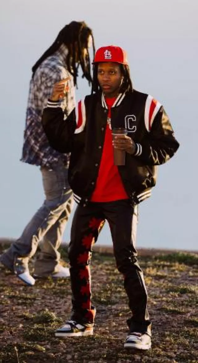 Celine Black & Red-Trim Satin Bomber Jacket worn by Lil Durk on the ...