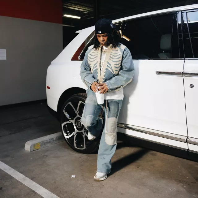 Kapital Light Wash Blue Skeleton Moto Jacket worn by Rylo Rodriguez on ...