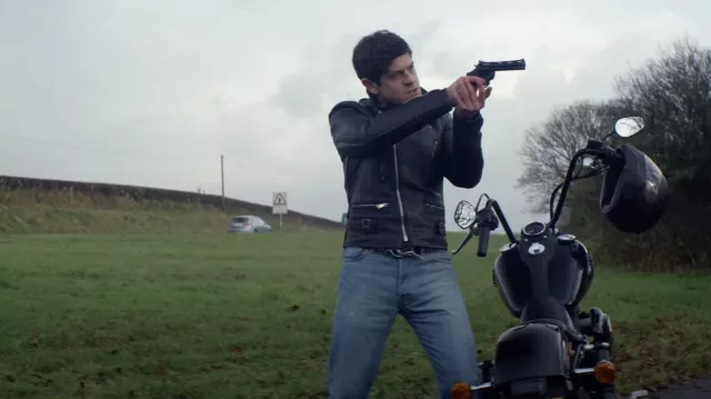 The Toll movie wardrobe: Iwan Rheon is wearing Biker Leather Jacket to ...