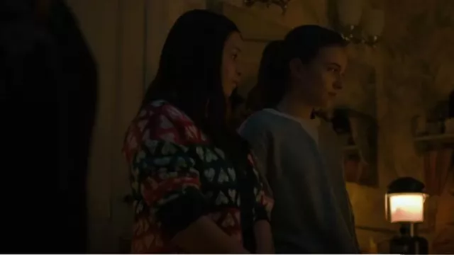 Aqua Rainbow Heart Grandfather Cardigan worn by Laura Bouchard (Dalya Knapp) as seen in Evil ...