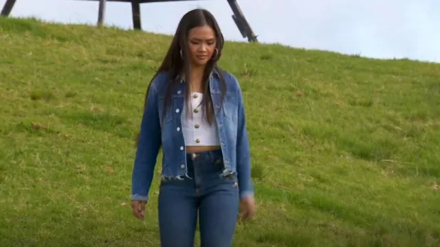 L'Agence Janelle Raw Cut Slim Denim Jacket in Authentique worn by Jenn ...