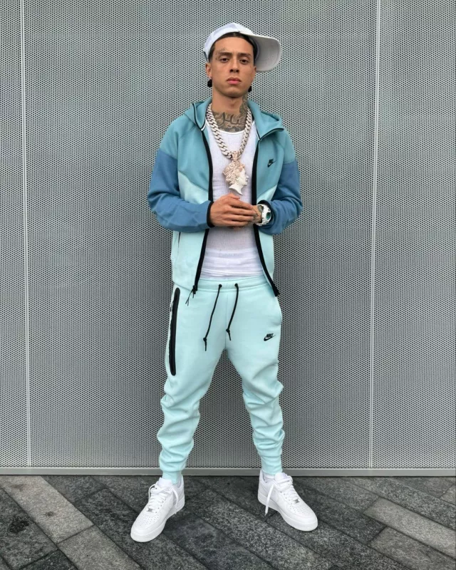 Nike Light Glacier Blue Fleece Joggers worn by Central Cee on the ...