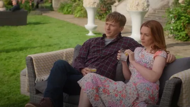 Reiss Ivy Floral Print Cut Out Back Satin Dress worn by Cecily MacNeil ...