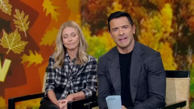 Saint Laurent Plaid Neck Tie Silk Blouse worn by Kelly Ripa as seen in ...